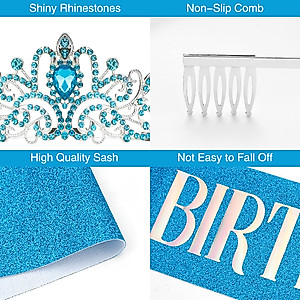 Birthday Crown for Girls Sky Blue Tiara Sash Gifts for Womens Birthday Rhinestone Crystal Headband Princess Queen Crown Happy Birthday Decorations Birthday Gift Ideas Birthday Accessories Gifts…