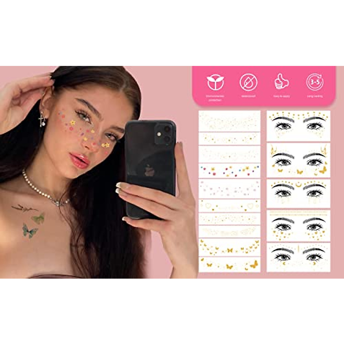 DIVAWOO 32 Sheets Face Temporary Tattoo, 20 sheets Glitter Metallic Freckle Tattoos, 12 PCS Butterflies Fake Tattoos Stickers for Festival Makeup Rave Accessories