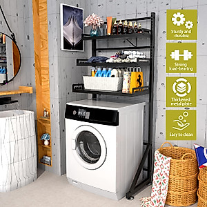 Supfirm 3-Tier Height Adjustable Washing Machine Storage Rack, Bathroom Large Storage Rack Organizer for Space Saver (Black)