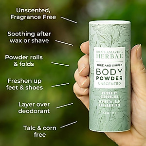 Fragrance Free Body Powder for Women and Men, Unscented Talc Free Talcum Powder, Cornstarch Free Dusting, Waxing, Natural Sugaring, Foot Powder, Dry Shampoo, Made in USA, Ora’s Amazing Herbal, 2.5 oz