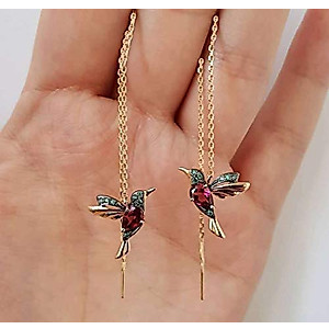 Cuteshop Gold Hummingbird Threader Earrings Hoop Earrings-Elegant Rhinestone Hummingbird Long Chain Dangle Drop Earrings for Women Girls (Red)