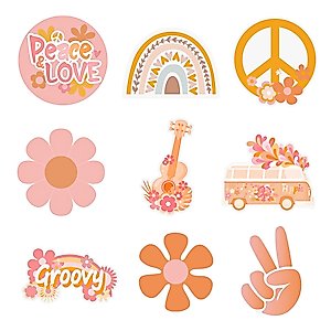 Kirako 45 Pcs Groovy Retro Hippie Cutouts Bulletin Board Decorations Set Pink 60’s Hippie Bus Peace Sign Daisy Flower Boho Rainbow Wall Decals for Classroom Nursery Baby Shower Girl’s Birthday Party