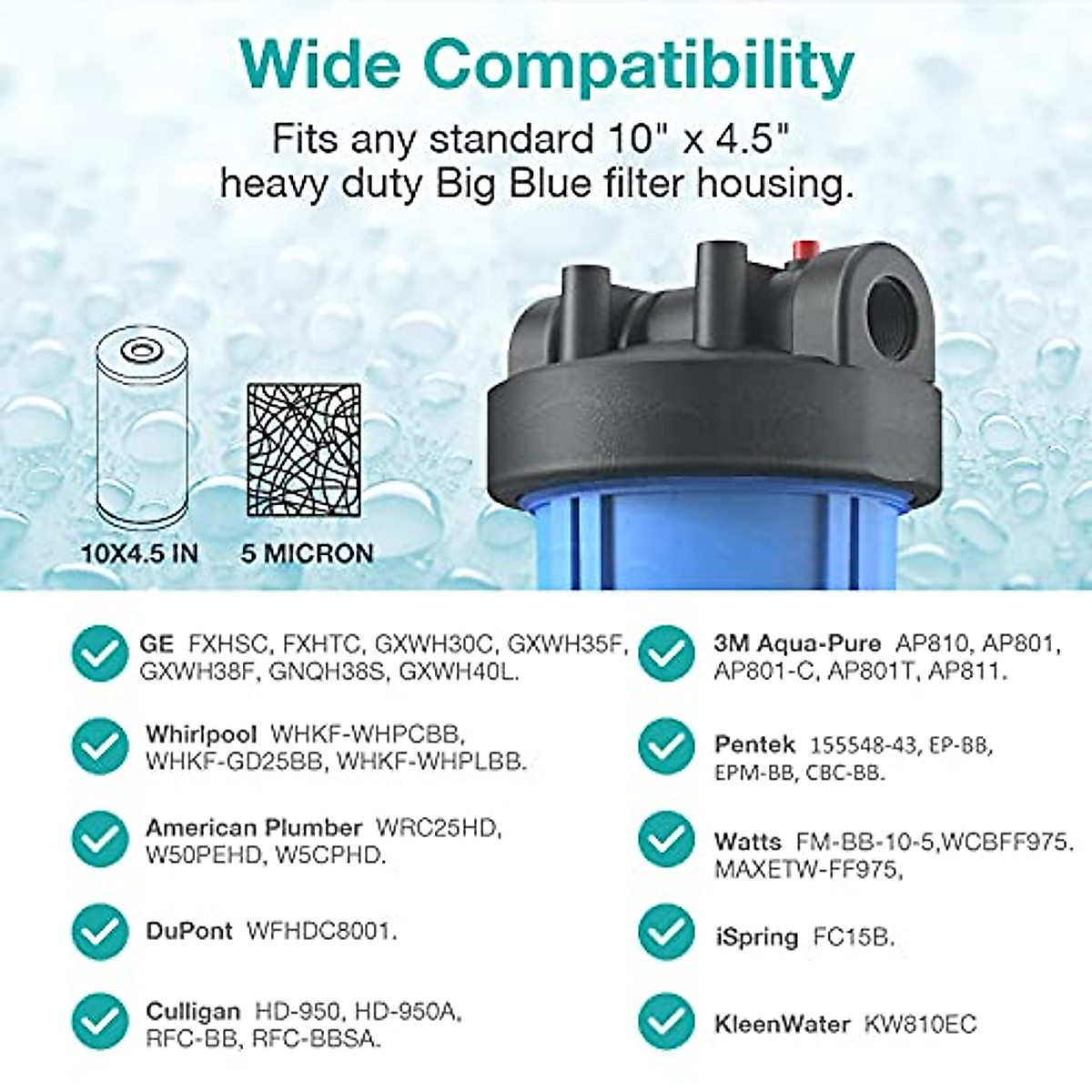 5 Micron 10" x 4.5" Sediment and Carbon Whole House Water Filters SimPure Replacement Cartridge for GE FXHTC, GXWH40L, RFC-BB / 155141-43, FC15B, HB18B, WRC25HD, WDGD-5005, W10-PR, W15-PR, 3-Pack