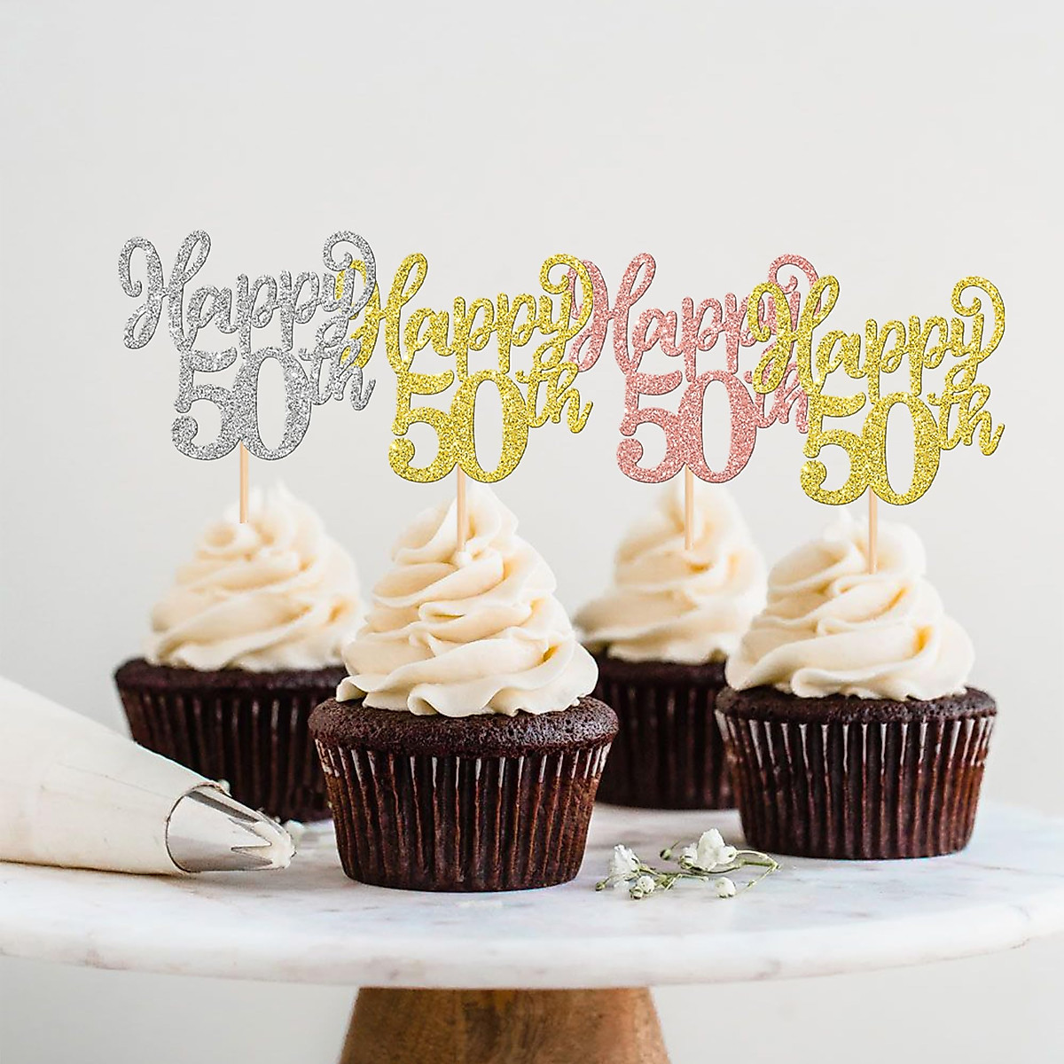 24PCS Happy 50th Cupcake Toppers Gold Rose Gold Silver Glitter Fifty Cheers to 50 Cupcake Picks 50 Fabulous Number 50 Birthday Cake Decorations for 50th Birthday Wedding Anniversary Party Supplies