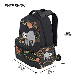Wamika Funny Cute Sloth Tree Flowers Kids Backpack School Bookbags Daypack Bag Follow Yours Dreams Water Resistant, Sloth Cat Tropical Floral Bags Children Backpack for 1th- 6th Grade Girls Boys