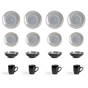 HomeVss, Stoneware Sonoma 16pc Dinnerware Set, Black + Speckled Spin Wash Grey