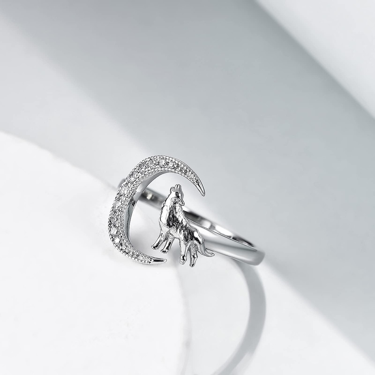POPLYKE Wolf Moon Ring for Women 925 Sterling Silver Crescent Moon Wolf Ring Jewelry Gifts for Women