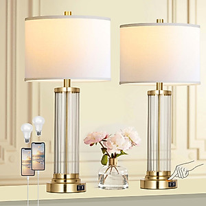 QiMH Touch Control Table Lamp Set of 2 with USB Ports, 3-Way Dimmable Nightstand Lamp with Fabric Cream Shade, Modern Bedside Lamp for Living Room Bedroom Reading, LED Bulbs Included