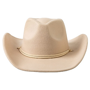 Lanzom Women Men Retro Felt Wide Brim Western Cowboy Cowgirl Hat Dress Up Hat with Wind Lanyard (Beige,Medium)
