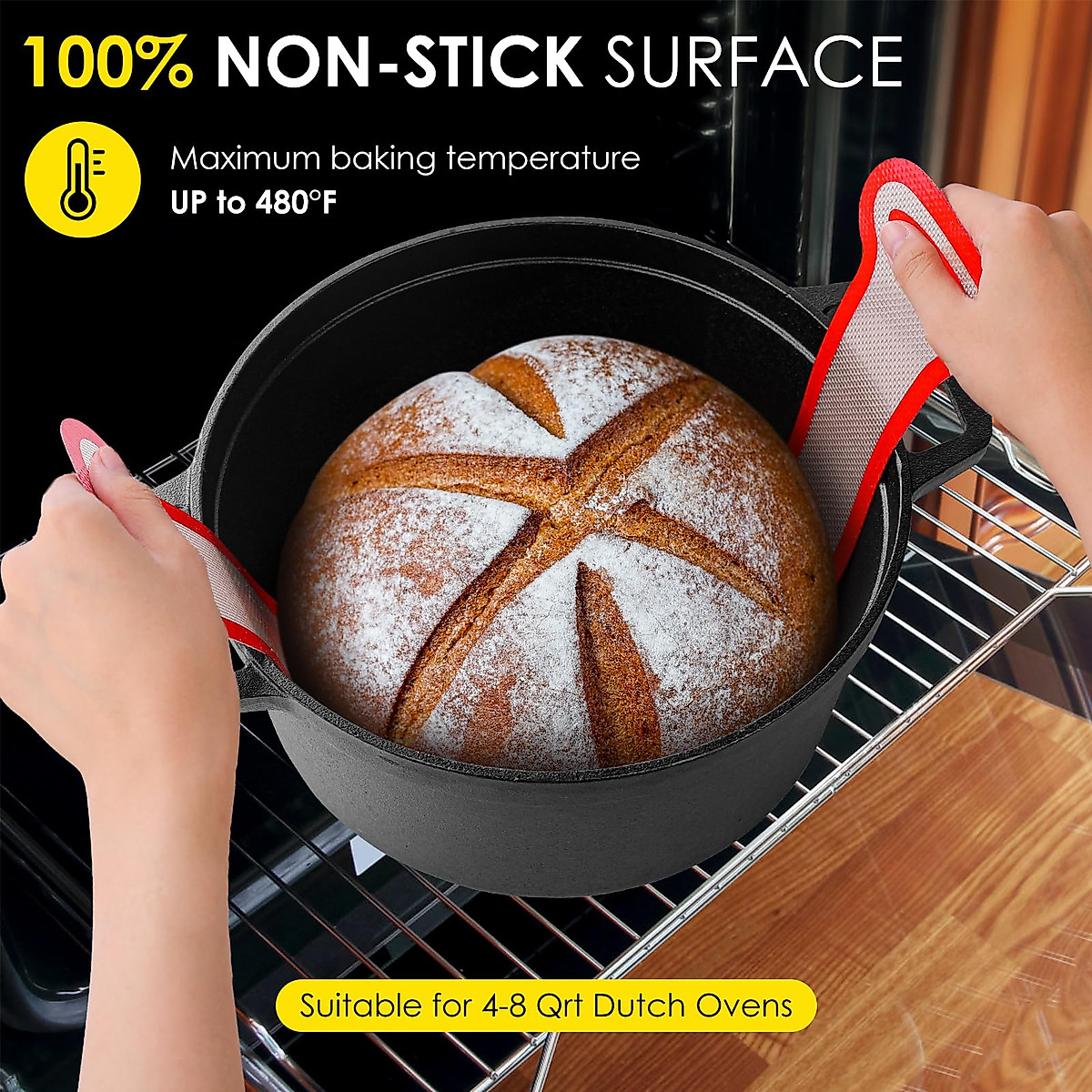 Upgraded Silicone Bread Sling Dutch Oven Liners Sourdough Baking Supplies Reusable Non-Stick Bread Mat Cast Iron Sheet Extra Long Handles Larger Size 8.6 Inch Diameter (Red, 2)
