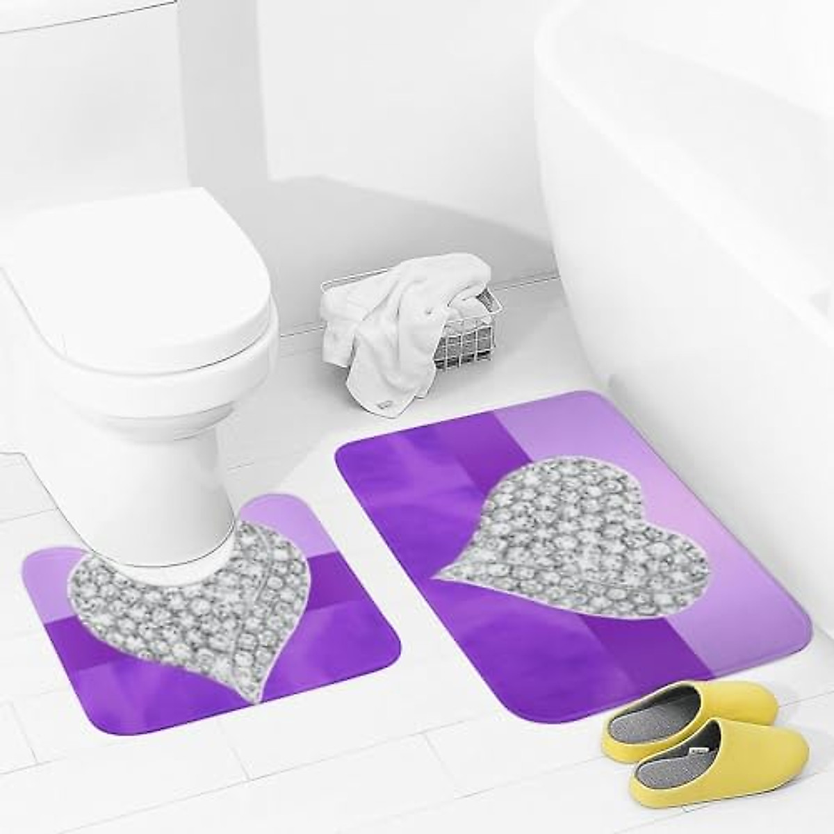 Bathroom Rug Set 2 Piece Purple Giraffe Diamond Heart Bath Rugs and U-Shaped Contour Toilet Rug, Non-Slip Bath Carpet Bath Mats for Bathroom 15.7"x23.6"
