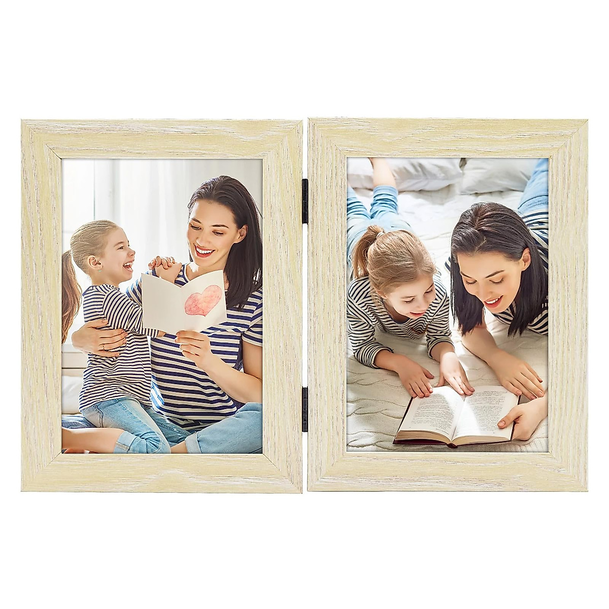 Golden State Art, 5x7 Double Hinged Picture Frame, Two Photo Folding Frames, for Wedding Family Pictures Collage (Beige, Double, 5x7)