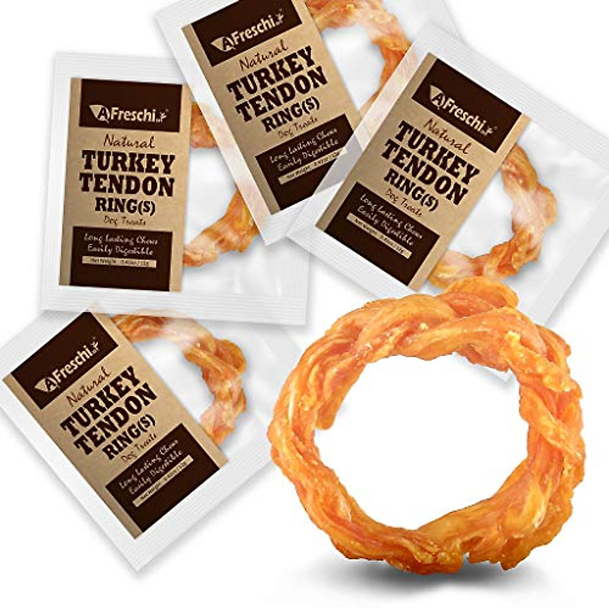 Afreschi Turkey Tendon Dog Treats for Signature Series, All Natural Human Grade Puppy Chew, Ingredient Sourced from USA, Hypoallergenic, Easy to Digest, Rawhide Alternative, 4 Units/Pack Ring (Small)