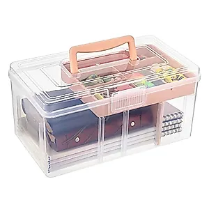 BTSKY 2 Layer Clear Plastic Dividing Storage Box with Removable Tray Multipurpose Stationery Storage Box with Handle Portable Sewing Box Art Craft Supply Organizer Home Utility Box (Big Pink)