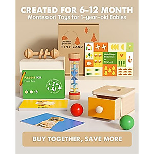 Tiny Land Montessori Toys for Babies 6-12 Months-4 in 1 Wooden Learning Educational Toy Set Includes Teething Toy, Rainmaker Baby Toy, Flash Card and Object Permanence Box-Gift for 1 Year Old Infant