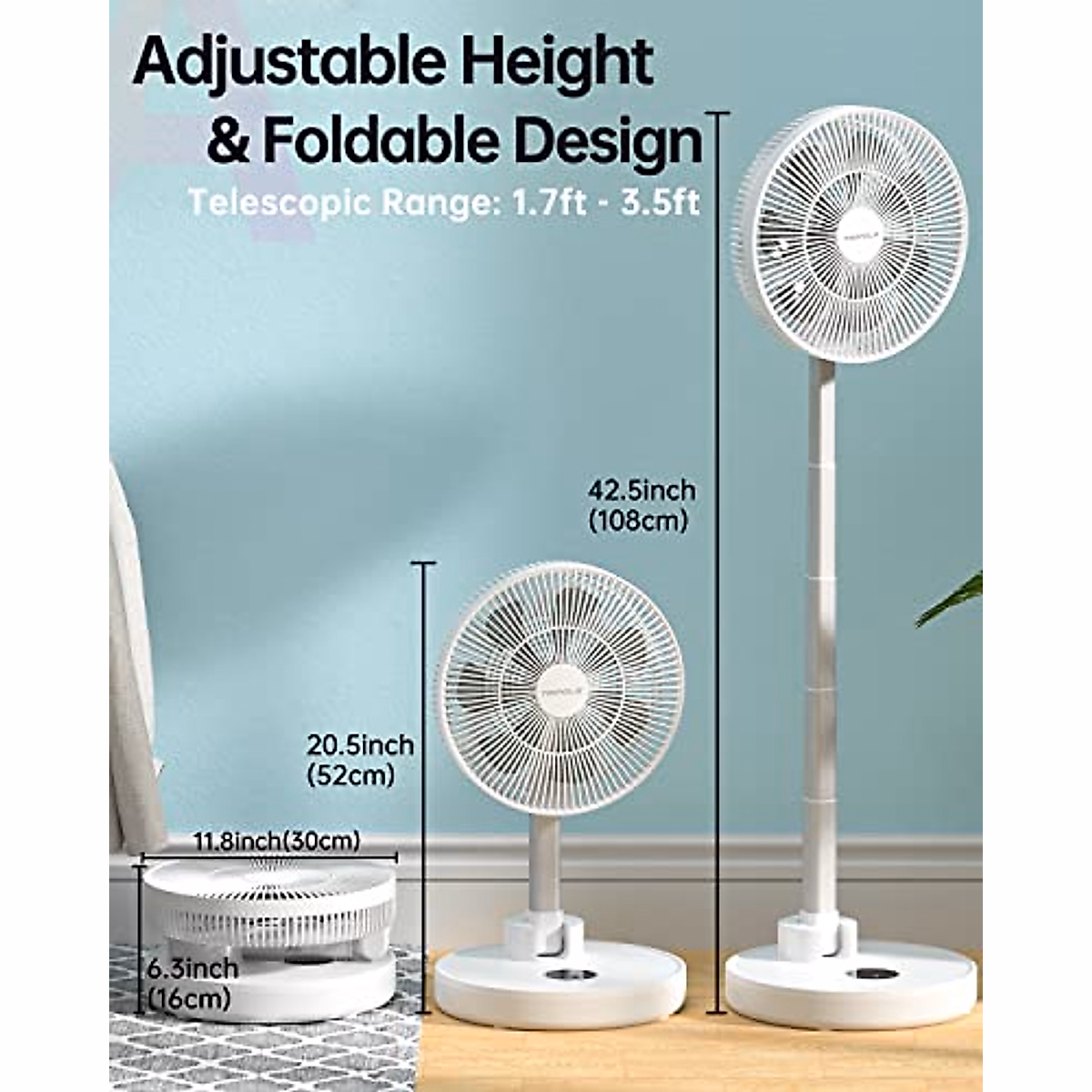 TriPole 12'' Standing Fan Oscillating Pedestal Fan, Rechargeable Battery Operated Fan Quiet Height Adjustable Floor Fan with Remote Timer, Foldaway Portable Fan for Bedroom Home Travel, 5-31H Working