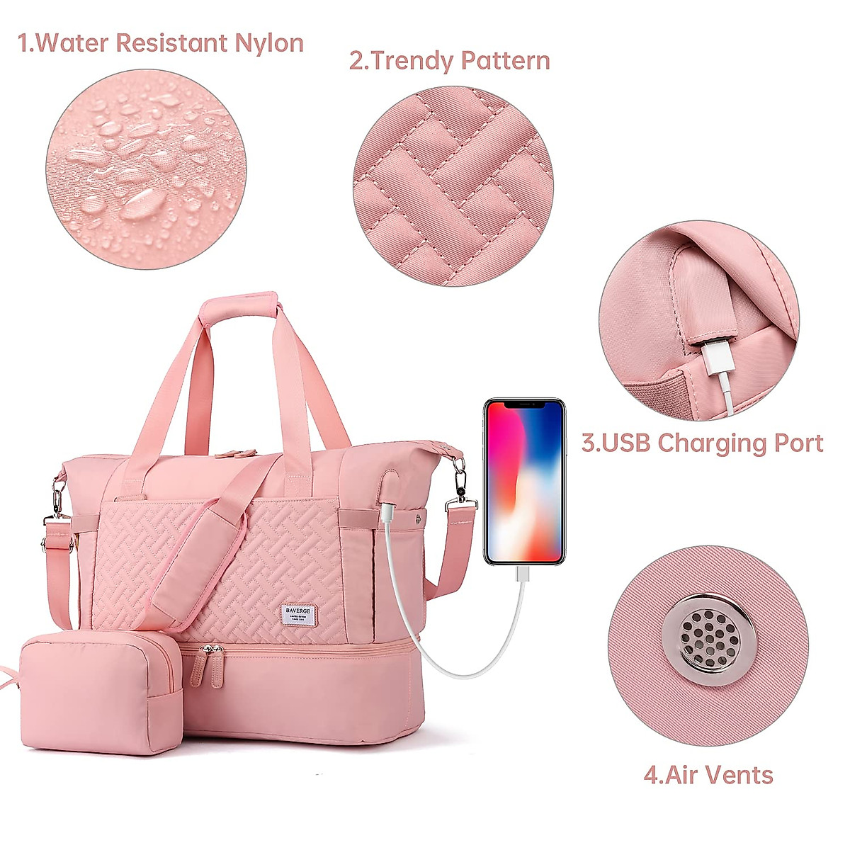 Travel Bags for Women, Weekender Bag with Shoe Compartment, Gym Tote Bags with USB Charging Port,Overnight Duffle Bag with Trolley Sleeve, Pink