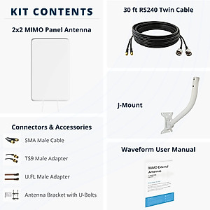 Waveform 2x2 MIMO Panel Antenna Kit | 4G and 5G Compatible Modem, Router, Gateway and Hotspot Antenna Kit | Cellular Antenna with 30ft RS240 Cable, U.FL, TS9, and SMA Adapters