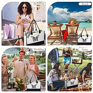 Nuberlic Monogram Letter M Initial Personalized Canvas Tote Bag for Women Butterfly Pattern Reusable Grocery Bags Wedding Birthday Gift