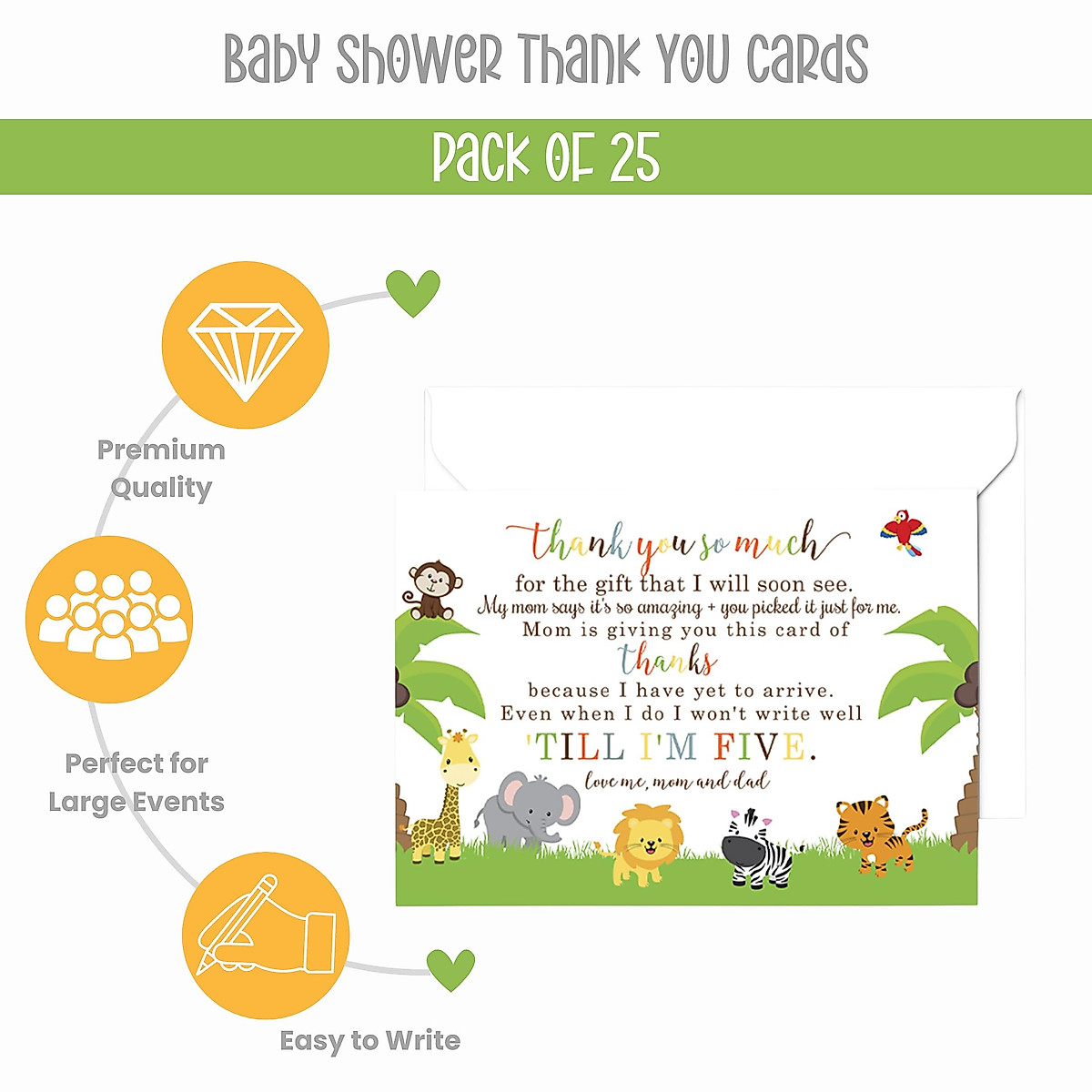 Paper Clever Party 25 Jungle Baby Thank You Cards Pack – Cute Baby Shower Notes with Envelopes, Prefilled Message, Customizable Blank Stationery, Gender Neutral, New Parents Gift Ideas