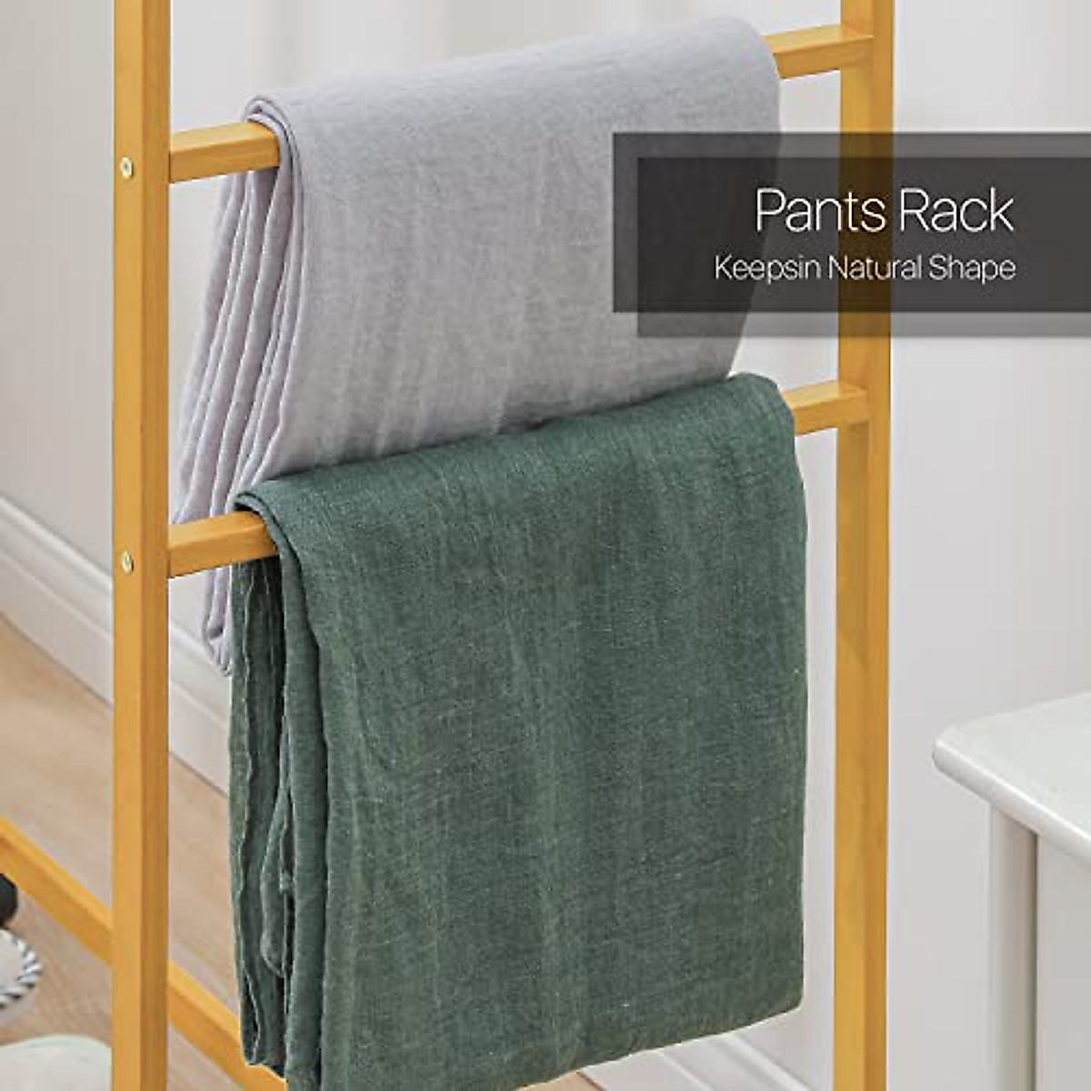 MoNiBloom Double Rod Clothing Garment Rack with Bottom Shelves, Bamboo Clothes Rack on Wheels Rolling Clothing Rack with Pants Rack Hanging Clothes, Natural