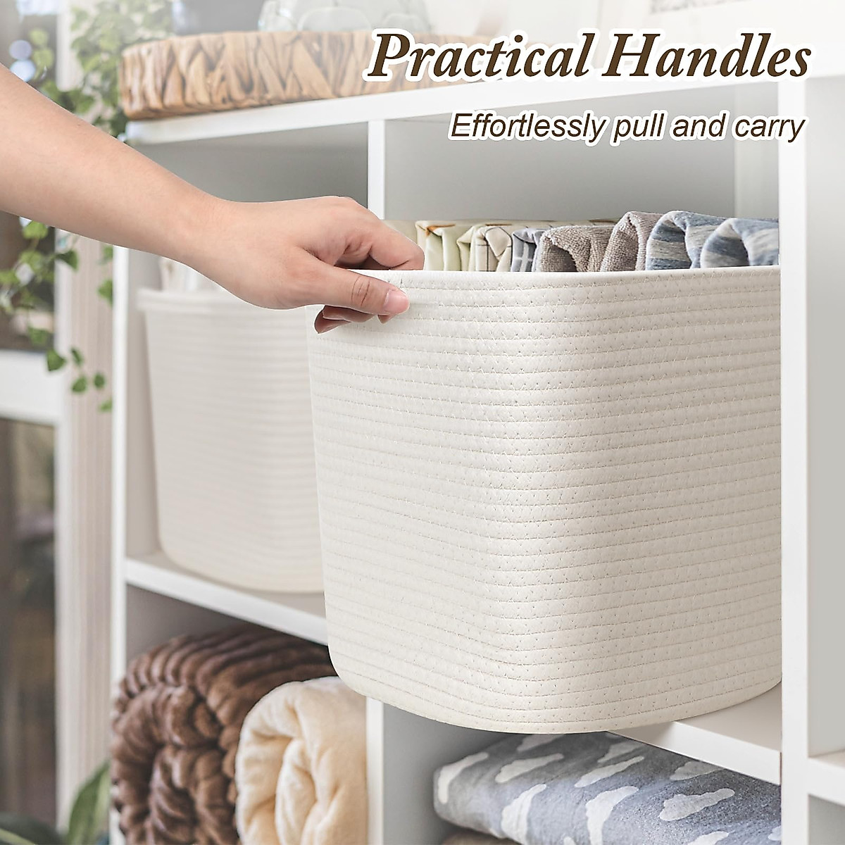 Off White Rope Basket Storage Cubes - 11 Inch Cube Storage Bins - Square Woven Baskets for Storage and Organization - Cube Storage Organizer Basket Toy Bins for Shelves, Closet, Nursery - 2 Pack