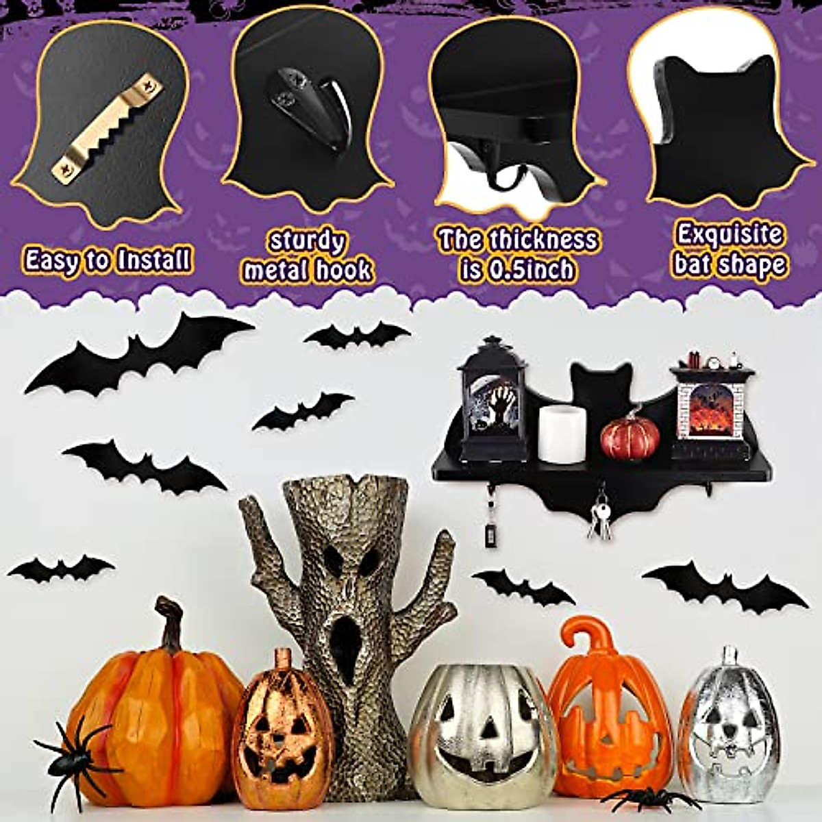 Wood Gothic Home Decor 2 Sets Wood Bat Shelf with 28 Pieces Plastic Bat Wall Stickers Wooden Bat Floating Shelves with Screws Wood Halloween Christmas Display Shelves Wall Decor Halloween Wall Decals