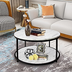 AT-VALY Round Coffee Table with Storage Open Shelf,Wooden Top & Sturdy Metal Frame,Sofa Table for Living Room, Bedroom and Office 31.5“(Black Metal Rack with White Artificial Marble MDF Board)