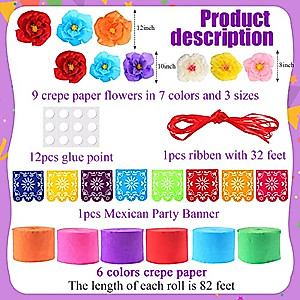 16 Pieces Mexican Paper Flowers Mexico Fiesta Party Decorations Streamer Backdrop and Papel Picado Banner Mexican Party Decorations Supplies Set for Cinco De Mayo Party Taco Party Birthday
