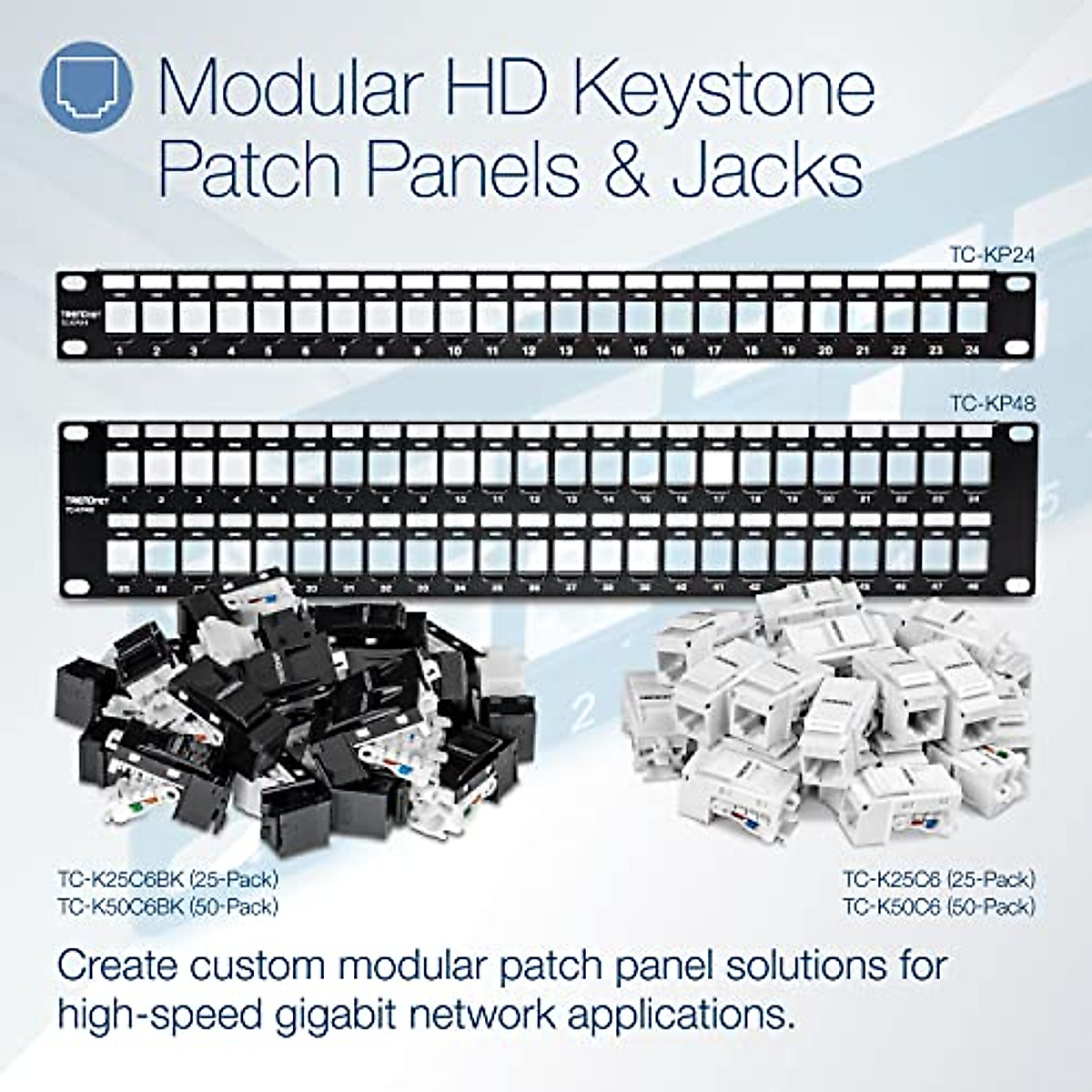 TRENDnet 24-Port Blank Keystone 1U Patch Panel, 1U 19" Metal Rackmount Housing, Recommended with TC-K25C6 & TC-K50C6 Cat6 Keystone Jacks (Sold Separately), Black, TC-KP24