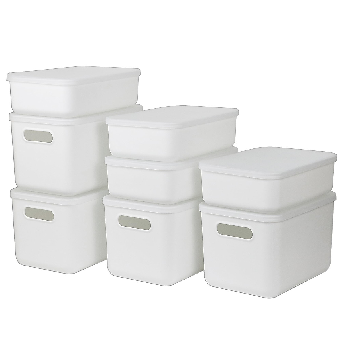 ZEXALOR 8 Pcs Storage Bins with Lids, Stackable Plastic Storage Containers for Organizing, Organizer Bins Shelf Baskets for Pantry Cabinet Shelves Desktop Freezer Drawer Organization (White, 4M+4S)
