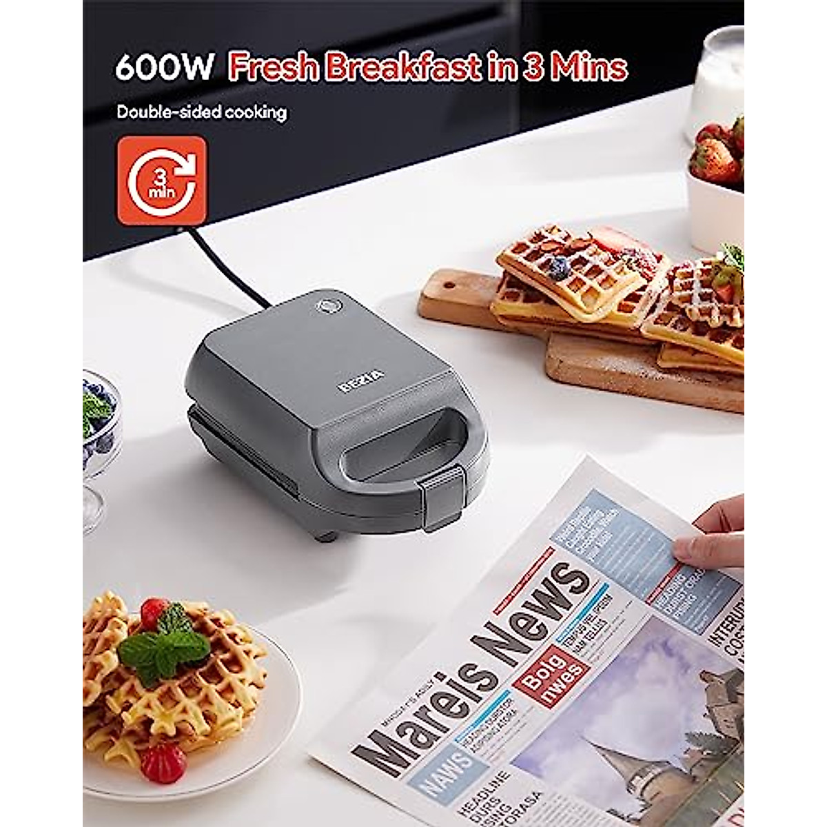 Mini Waffle Maker, Small Waffle Iron Machine Stuffed Non-Stick for Kinds, Breakfast Square Compact Design Tiny, Fast Heat Up, Keto Chaffles, Grilled Cheese, Snack, Gray 600W BEZIA