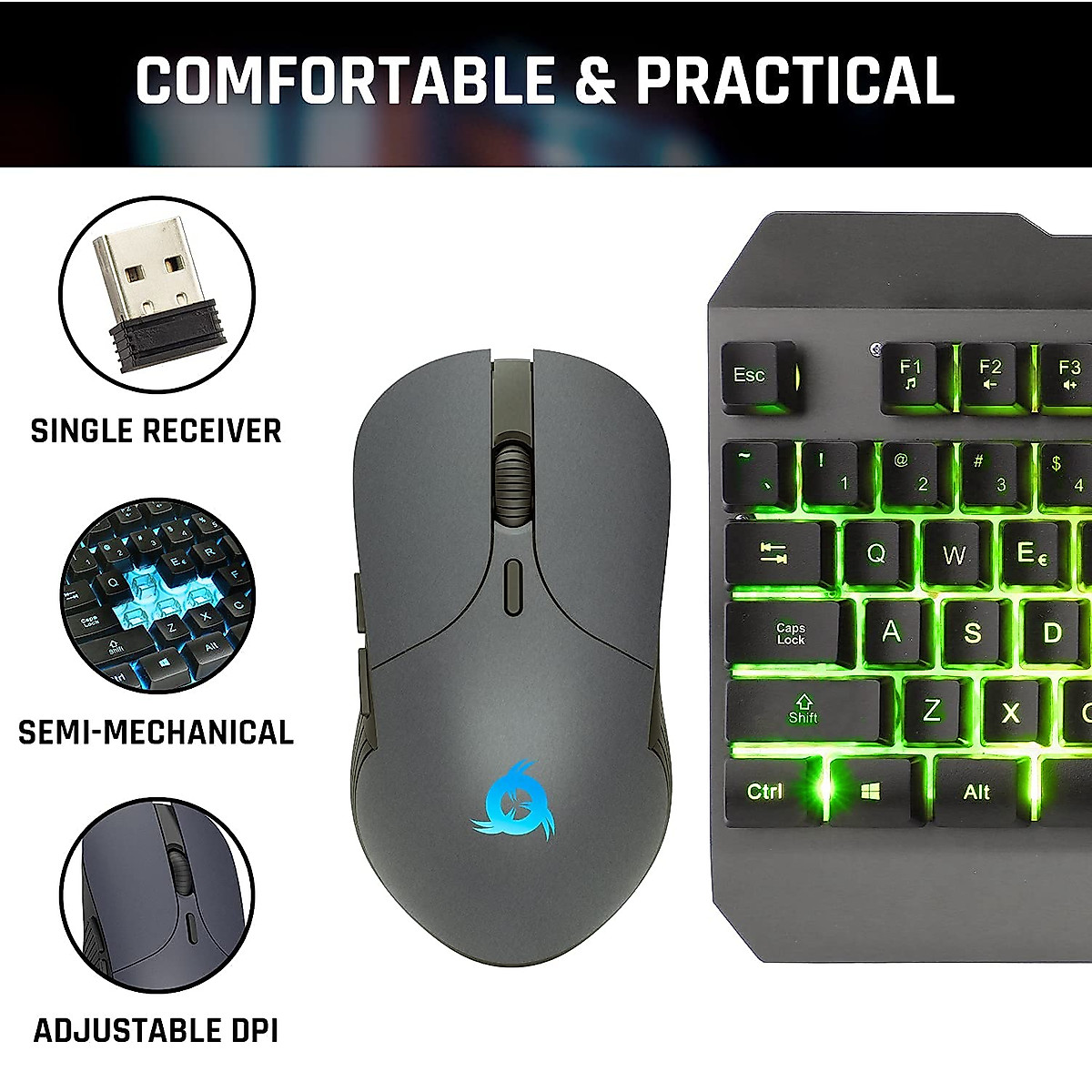 KLIM Unity Wireless Keyboard and Mouse Set US - New 2024 - Slim Durable Ergonomic Mechanical Feel - Backlit Wireless Gaming Keyboard and Mouse for PC Mac PS4 PS5 - Long-Lasting Built-in Battery