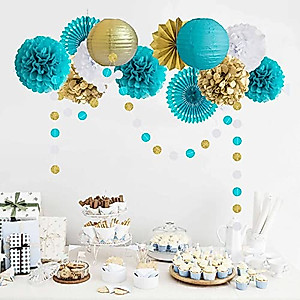ANSOMO Teal Blue and Gold Party Decorations Turquoise Aqua Paper Fans Lanterns Tissue Pom Poms Bridal Baby Shower Birthday Wall Hanging Decor Wedding Graduation