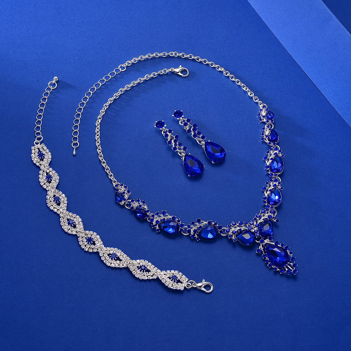 3 Pieces Wedding Bridal Rhinestone Crystal Jewelry Set Statement Necklace Bracelet Teardrop Dangle Earrings Set for Women fit with Bridesmaid Wedding Party Prom Dress Jewelry Set