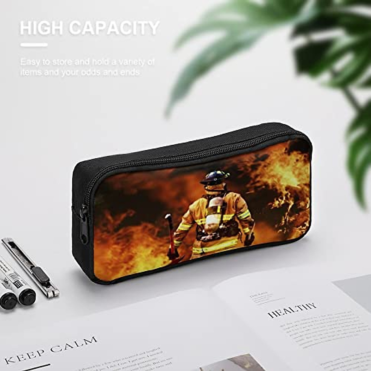 Fireman in Fire Pencil Case Pencil Pouch Coin Pouch Cosmetic Bag Office Stationery Organizer