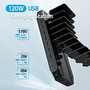 USB PD Charging Station, Unitek 120W 10-Port Type-C Charging Station with 2 Power Delivery for Multiple Devices, Double Fast Charging for MacBook Pro/Air, iPad Pro, Pixel, iPhone, Galaxy and More