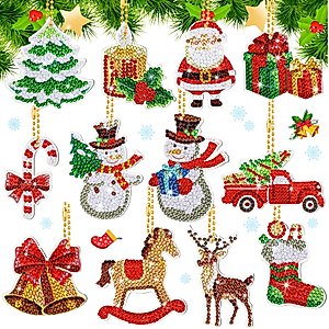 Ferraycle 12 Pieces Christmas Diamond Painting Kits 5D DIY Diamond Painting Keychain Christmas Hanging Diamond Art Kits Diamond Art Christmas Ornaments for Kids Crafts Family Decor (Classic Style)