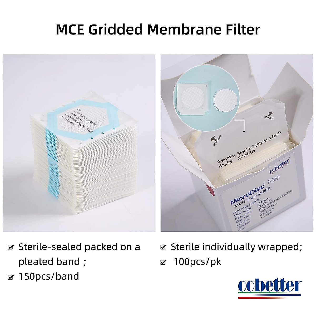 COBETTER 100 Pack MCE Gridded Membrane Filter Sterile 47 mm Diameter and 0.45um Pore Size Mixed Cellulose Esters Membrane Disc Filter Individual Pack