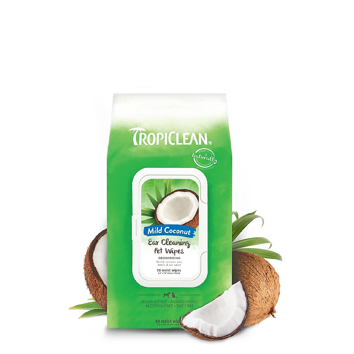 TropiClean Mild Coconut Dog Ears Cleaning Wipes | Ear Wipes for Dogs & Cats | Deodorizing Pet Ear Wipes Derived from Natural Ingredients | 50 Count