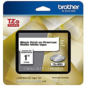 Brother P-touch TZe-M251 Black Print on Premium Matte White Laminated Tape 24mm (0.94”) wide x 8m (26.2’) long