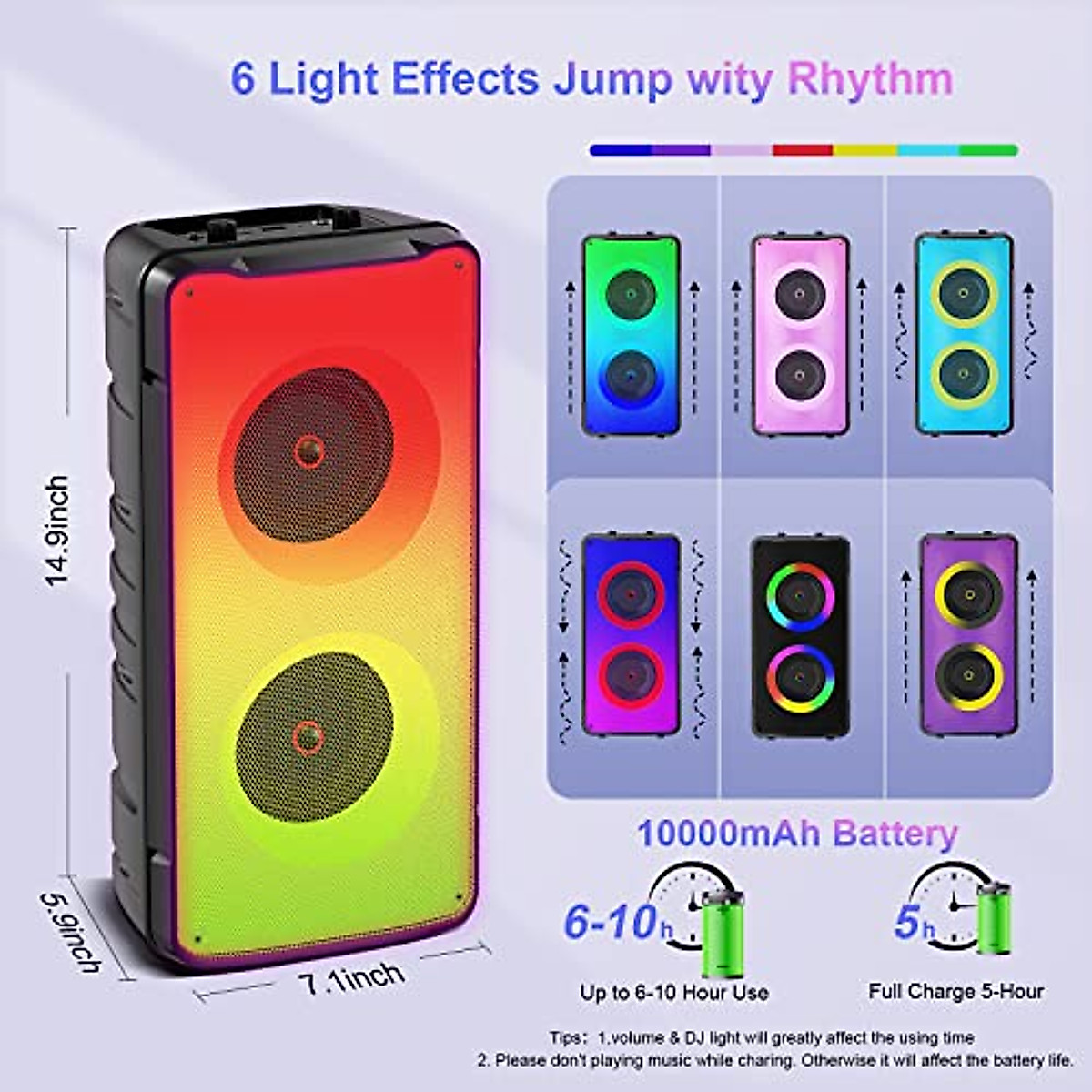 Bluetooth Speakers, 60W(80W Peak) Portable Loud Wireless Stereo Speaker with Rich Bass, Bluetooth 5.0, FM Radio, Colorful Lights, TWS Pairing, 10000mAh Battery, Outdoor Speaker for Home Party Gifts