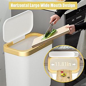 URALFA 4 Gallon Bathroom Trash Can with Lid, Slim Garbage Can with High Foot, Dog Proof Trash Bin with Press-TOP, Modern White and Gold Trash Can for Bedroom, Kitchen, Living Room, Toilet (White)