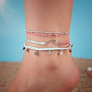 Lynnaneo Waterproof String Anklets Cute Beaded Ankle Bracelets Boho Wave Anklet Stainless Steel Coin Beach Foot Jewelry for Women Teen Girl(White)