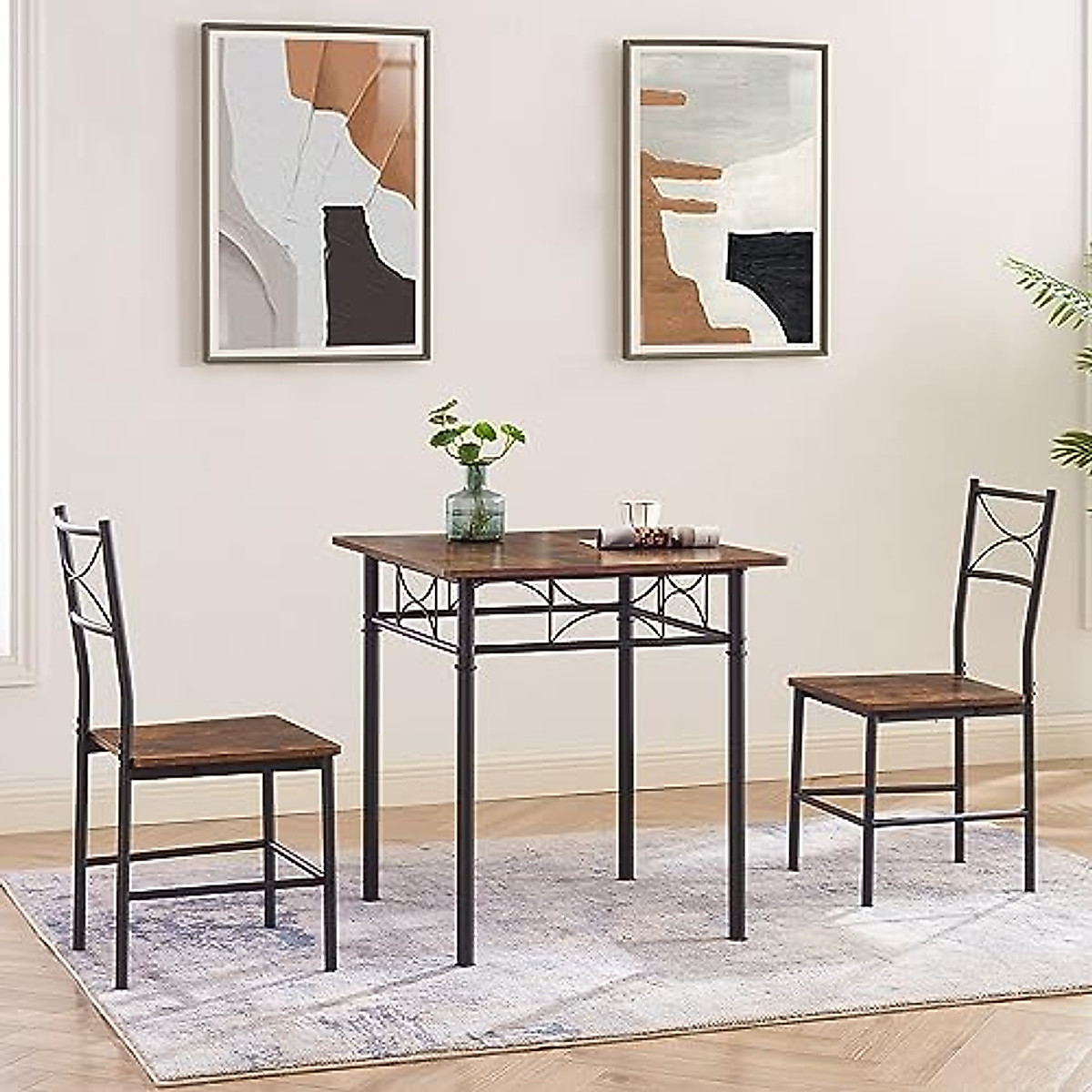 DREAMWZC 3-Piece Space-Saving Square Dining Table with Two Chairs,Perfect for Small Dining Rooms, Living Rooms, and Balconies,Brown