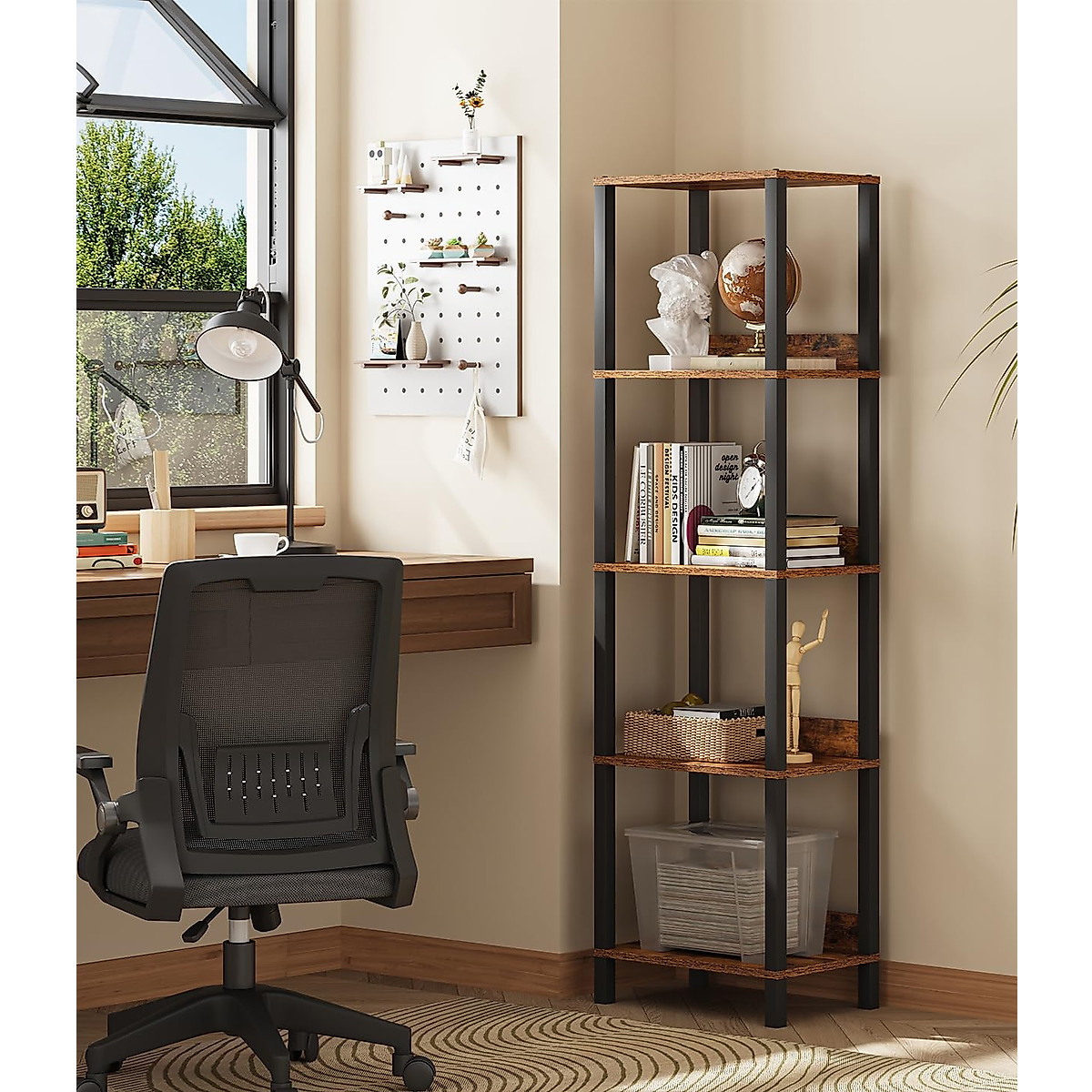 VIMBER 5-Tier Bookshelf with Anti-Fall Baffle, Tall Bookcase for Books, Garage Kit, CDs, Movies, Industrial Standing Bookshelves Storage Organizer for Bedroom Office Living Room USSJ001F