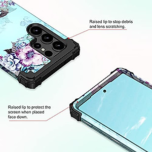 Casetego Compatible with Galaxy S23 Ultra 5G Case,Floral Three Layer Heavy Duty Sturdy Shockproof Full Body Protective Case with 2 Pack Camera Lens Protector for Samsung S23 Ultra,Blue Flower