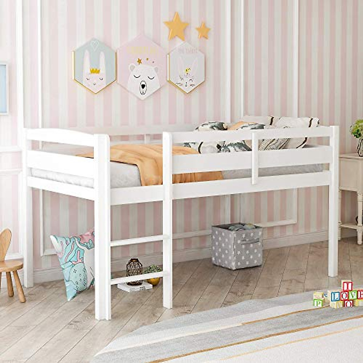 Merax LUMISOL Junior's Low Loft Bed for Kids, Twin Loft Bed with Guard Raill and Built-in Ladder, Bed Bedroom Furniture (White)