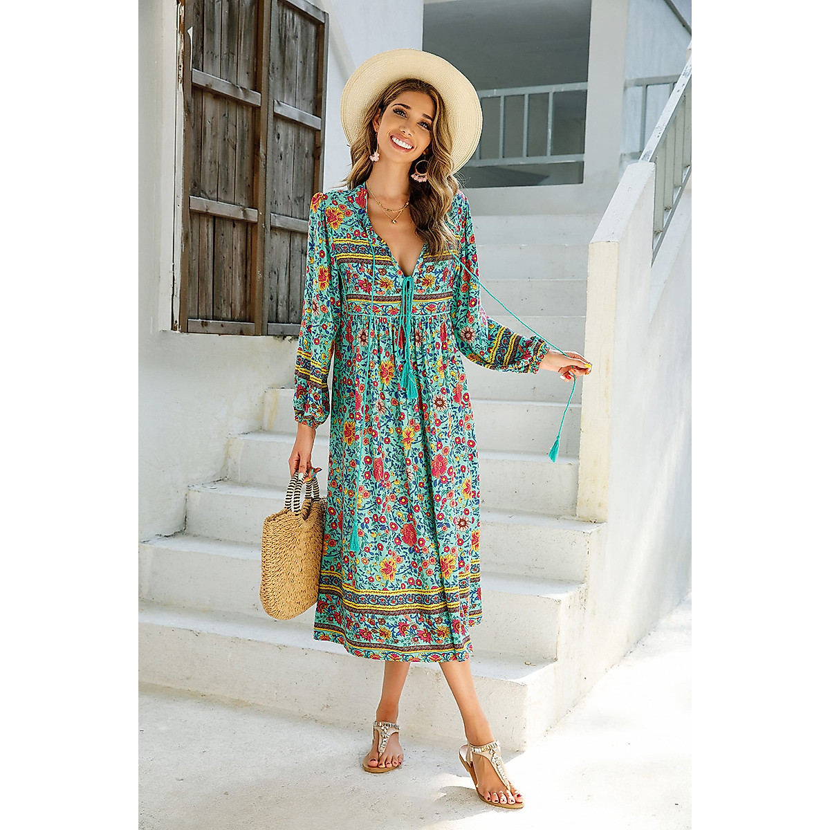 R.Vivimos Women's Long Sleeve Floral Print Retro V Neck Tassel Bohemian Midi Dresses (XL, Green)