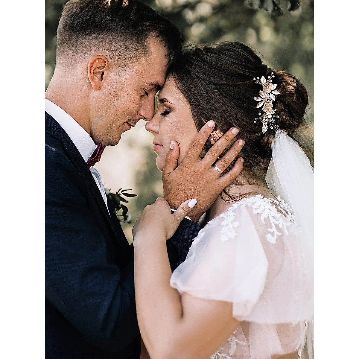 SWEETV Light Rose Gold Wedding Hair Comb Clip,Handmade Bridal Hair Accessories for Women Wedding